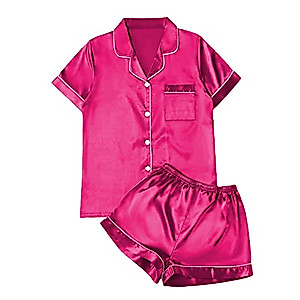 Remidoo Women's Satin Pajamas Short Sleeve Button Down Shirt with Shorts Set 2 Piece Sleepwear Solid Hot Pink Small