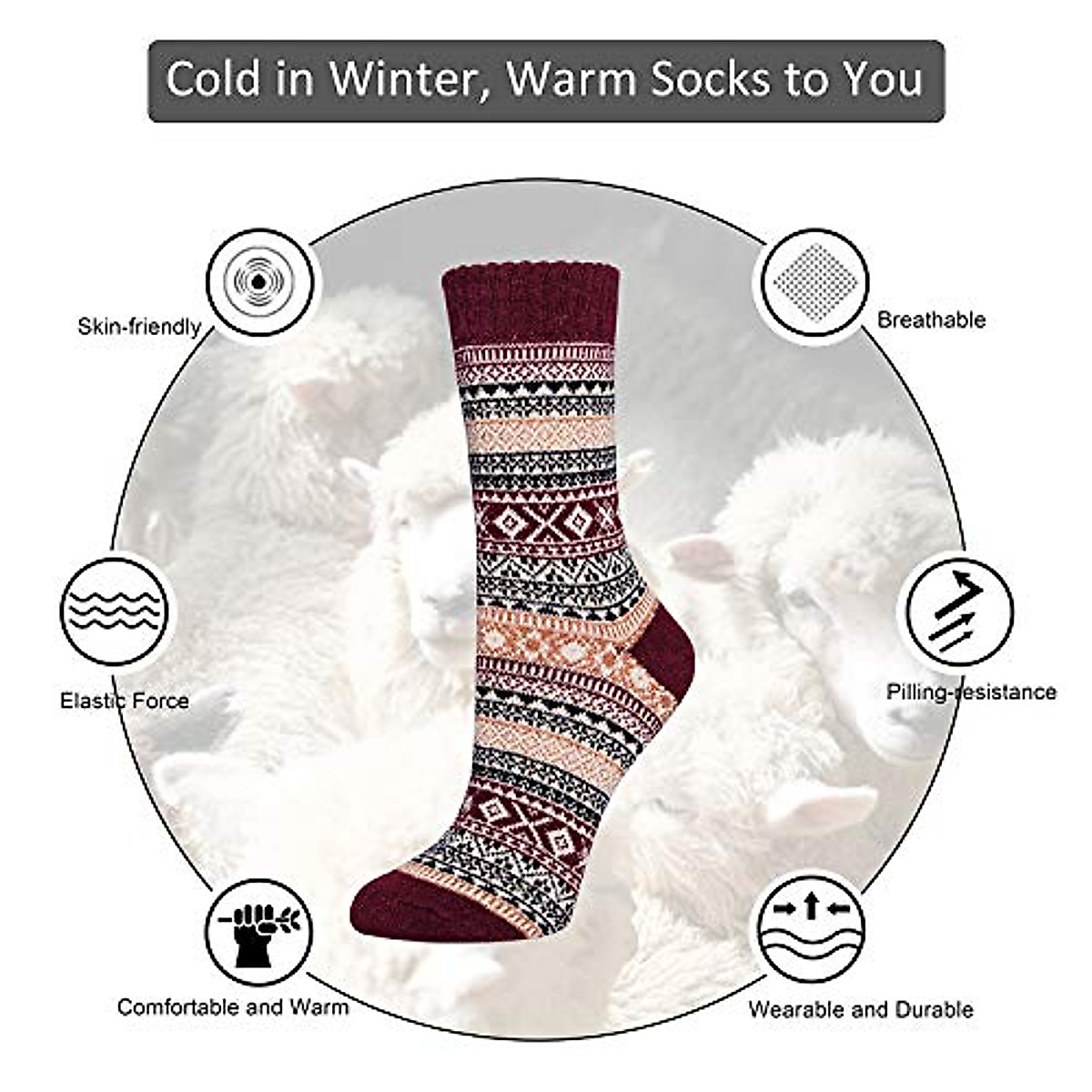 5 Pack Womens Wool Socks Winter Warm Socks Thick Knit Cabin Cozy Crew Soft Socks Gifts for Women