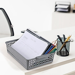 Knifefish 6 Packs Plastic Storage Baskets, Paper Organizer Baskets , Shallow Storage Basket Trays, Grey