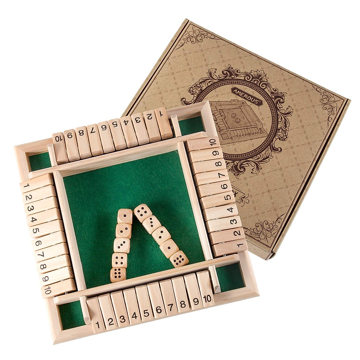 AMEROUS 1-4 Players Shut The Box Dice Game,Classic 4 Sided Wooden Board Game with 10 Dice and Instructions for Kids Adults, Tabletop Version