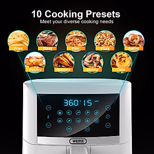 Air Fryer White, WETIE 7.5 Quart Air Fryer Oven Oilless Cooker, 1700W Hot Air Fryers with Digital LED Touch Screen, 10 Preset Cookings, Non-stick Basket, Suitable for Large Families, Recipe Included, White