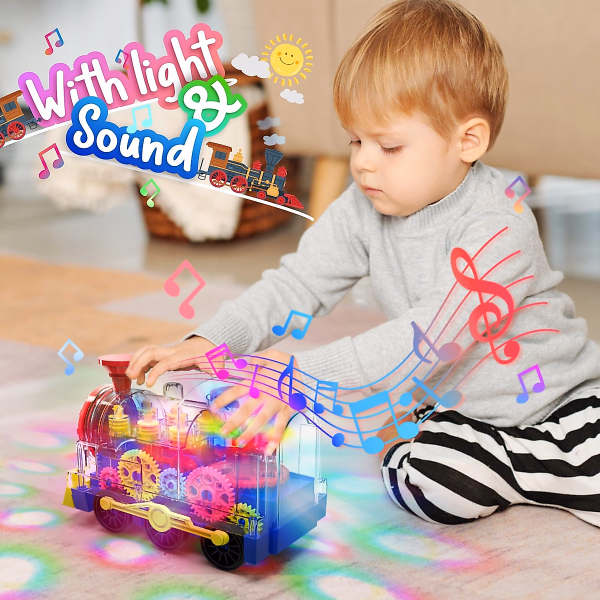Kizeefun Light Up Train Toy for Toddlers: Transparent Gear Car Toy for Kids with Cool Light and Music Educational Crawling Toys for Baby Boys and Girls