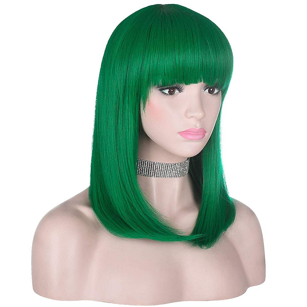 AMZCOS 15 Inch Short Straight Green Bob Wig with Bangs | Natural Heat Resistant Synthetic Hair for Women