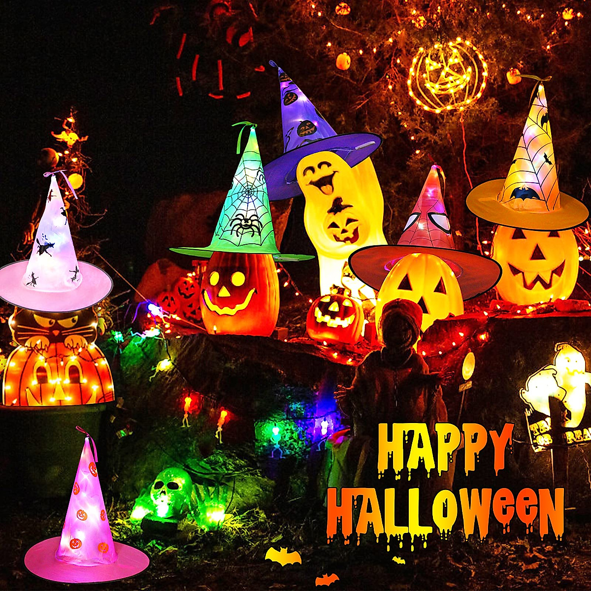 Party Hats Lights Witch Hats Decorations, 6pcs Hanging or Wearing Hat Lights Waterproof Witch Hats Decor for Halloween Party Home Garden Yard Decoration