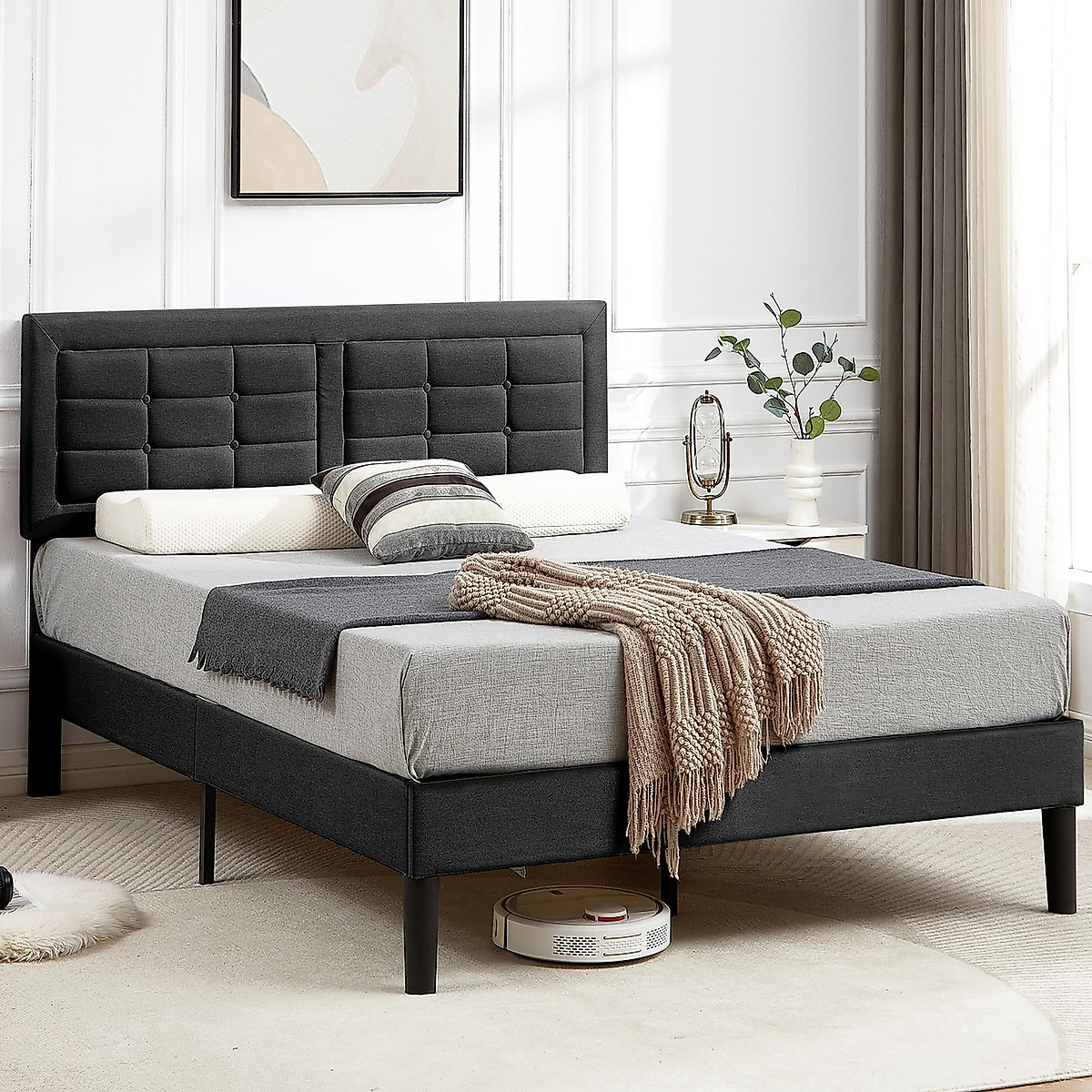 VECELO Queen Size Bed Frame with Adjustable Headboard, Upholstered Button Tufted Platform Bedframe with Wood Slats Support, No Box Spring Needed, Grey