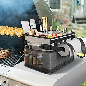 HULISEN Large Grill Caddy with Lid and Paper Towel Holder, BBQ Caddy for Outdoor Grill, Insulated Foldable Barbecue Picnic Caddy for Plates, Utensils, Camping Supplies, Travel or RV, Camper Must Haves