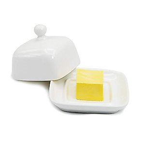 NAGU Mini Square Butter Dish with Lid, White Procelain Domed Cheese Dish with Handle Individual Serving Small Butter Tray, Cute Ceramic Dessert Serving Bowl for Table, Countertop, Refrigerator