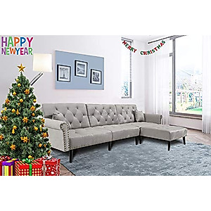 Zushule Convertible Sectional Couch with Chaise Lounge for Living Room, Comfy Velvet Fabric L-Shaped Reversible Reclining Sofa with 3 Seats and Pillows, for Small Apartment and Spaces - (Light Grey)