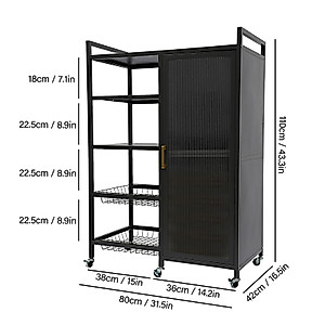 HOLMZCED 4 Tiers Kitchen Storage Shelf with Detachable Trays, Mobile Storage Cabinet with Adjustable Shelf Standing Rack Shelf with Wheels Black for Living Room Kitchen