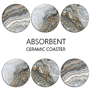 Coaster for Drinks Set of 6, Grey Marble Golden Stone Agate Absorbent Round Ceramic Stone Mat, with Cork Base and Metal Holder, Gift for Housewarming Room Bar Decor