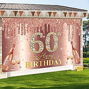 Rose Gold 60th Birthday Banner Decoration for Women, Pink Rose Gold Happy 60th Birthday Backdrop Sign Party Supplies, Sixty Years Old Birthday Photo Background Decor for Indoor Outdoor