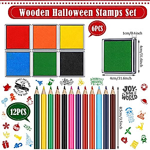 48 Pieces Christmas Stamps for Kids Wooden Rubber Stamps with Ink Pad Colored Pencil Ink Pad Colouring Pencil Art Supplies Set for DIY Party Favor Gift (Lovely Style)