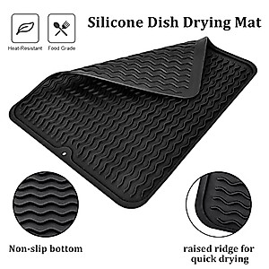 Elyum Dish Drying Mat, Silicone Drying Mat Heat Resistant Dish Mat Non-Slip Easy Clean Drying Mats for Kitchen Counter Sink(16" x 12'', Black)