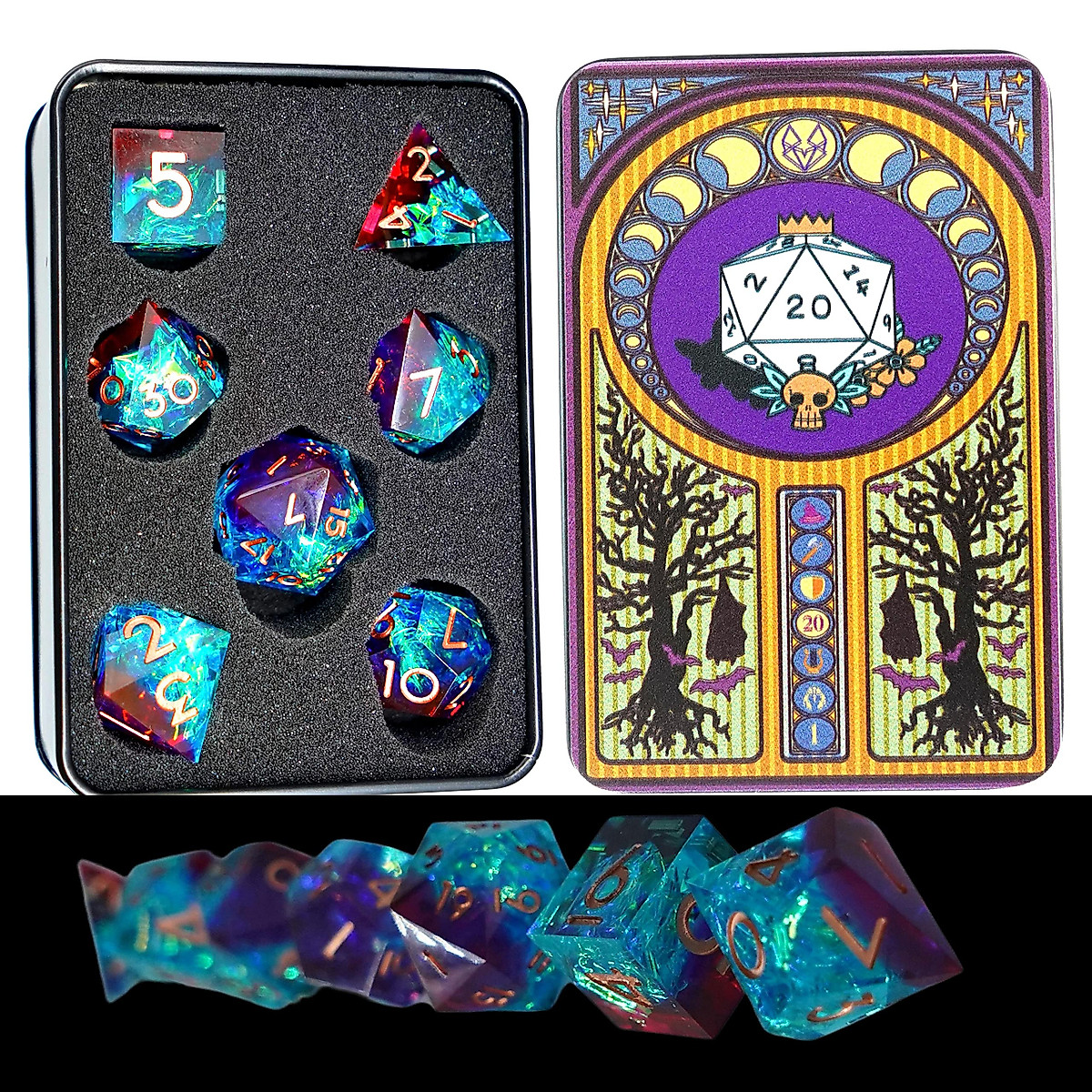 FOXBITE Sharp Dice 7 DND Dice Sets Polyhedral Teal Swirl Black with Sequins Inside with Gorgeous Box Case for DND Dungeons and Dragons (Teal Swirl Black with Sequins) (Fairies)