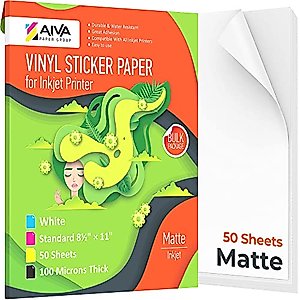 Printable Vinyl Sticker Paper - Waterproof Decal Paper for Inkjet Printer - 50 Self-Adhesive Sheets - Matte White - Standard Letter Size 8.5"x11"
