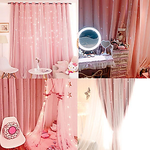 UNISTAR 2 Panels Stars Blackout Curtains for Bedroom Girls Kids Baby Window Decoration Double Layer Star Cut Out Aesthetic Living Room Decor Wall Home Curtain,W52 x L63 Inches,Pink
