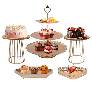 Gold Cake Stands Set Cake Pedestal Display Table Tiered Cupcake Holder Metal Round&Geometric Dessert Holder Set Candy Pastry Plate Decorating for Anniversary Wedding Birthday Party
