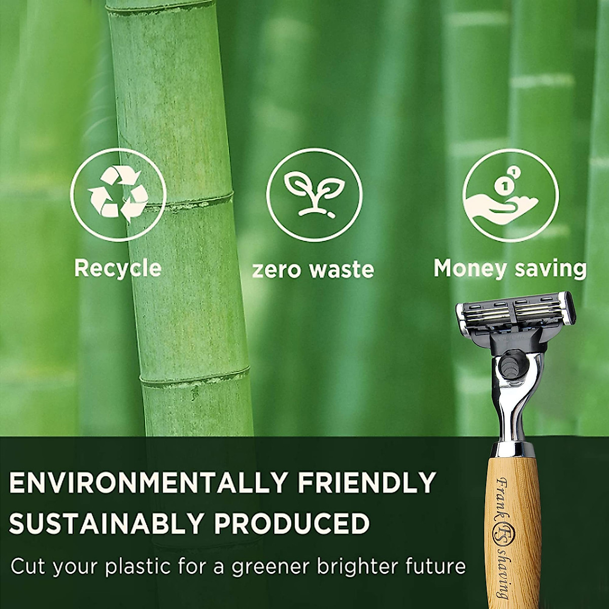 Frank FS shaving Manual Razor, 3 Blade Razor with Natural Bamboo Handle,Unisex Sustainable Razor Diamond Wood Grain Pattern Handle Shaving Razor