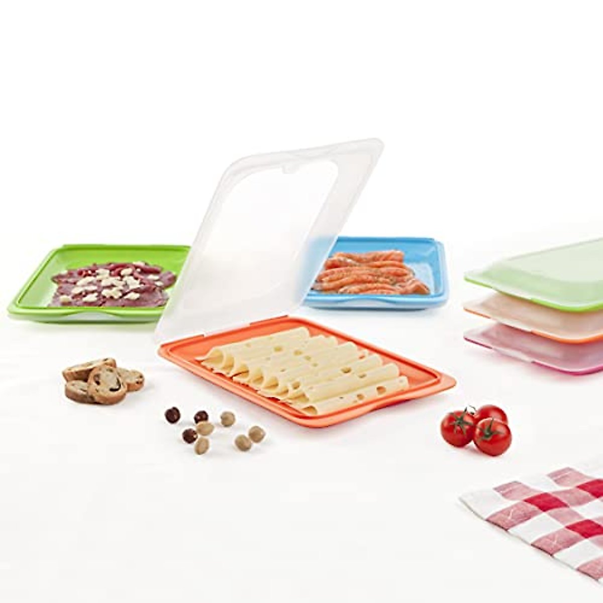 Tatay Set 4 cold meat container, with lid and body removed, in four colours, reusable and stackable, made of BpA-free plastic