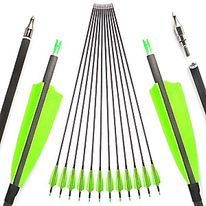 SHARROW 33 inch Carbon Arrow Hunting Arrows 400 Spine with 100 Grain Removable Tips for Archery Compound & Recurve & Traditional Bow Hunting Practice Shooting 6/12pcs (12pcs, Green)
