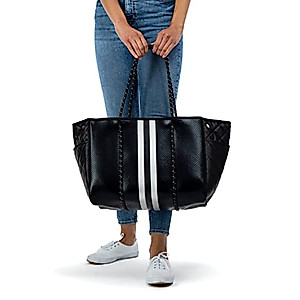 Haute Shore - Greyson Carbon Neoprene Tote Bag w/Zipper Wristlet Inside,Black Coated W/Silver & Black Stripe,One_Size