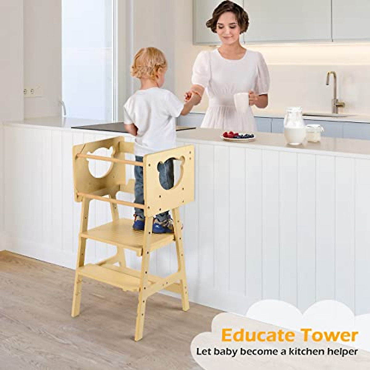 Montessori Educating Tower, Toddler High Chair & Step Stool with 3 Adjustable Height, Standing Kitchen Helper Bathroom Wood Safety Grow Seat, Multi-Function 3 in 1 for 1-12 Years