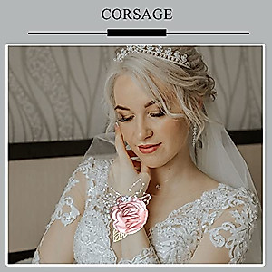 XAN Bridesmaid Wrist Flower Corsage Bride Silk Wrist Flower, with Artificial Pearl Bead Elastic Bracelet Wristband Gold Leaf, Used for Wedding Ball Hand Flower Decoration (Grey Combination)