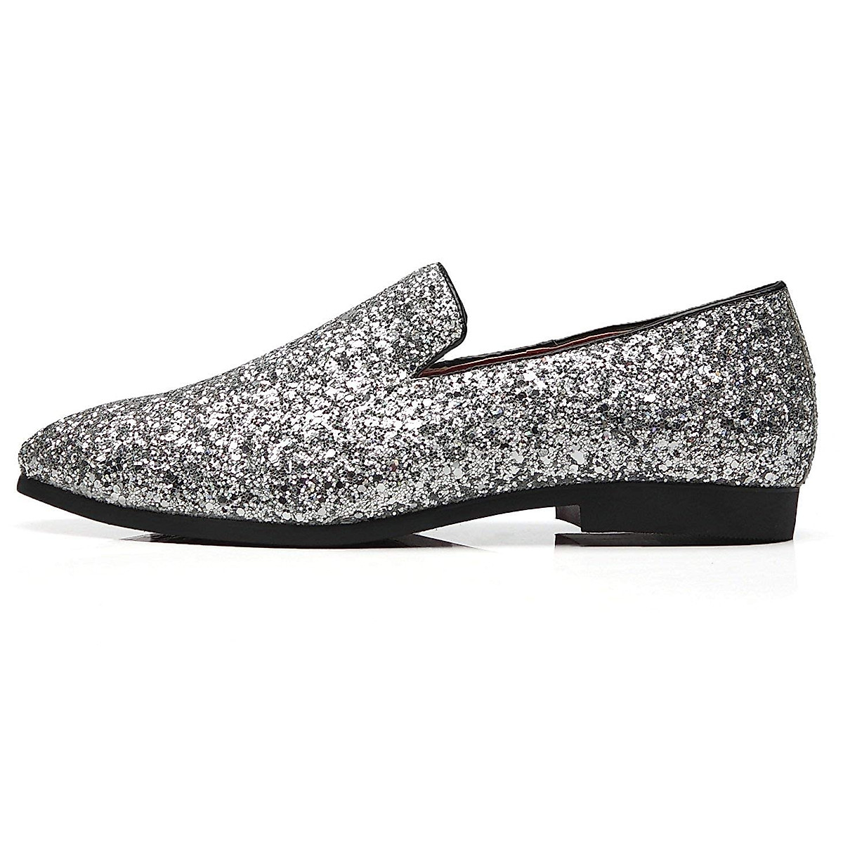 Mens Smoking Slipper Metallic Sparkling Glitter Tuxedo Slip on Dress Shoes Loafers Shoes (12.0 D(M) US, Silver)