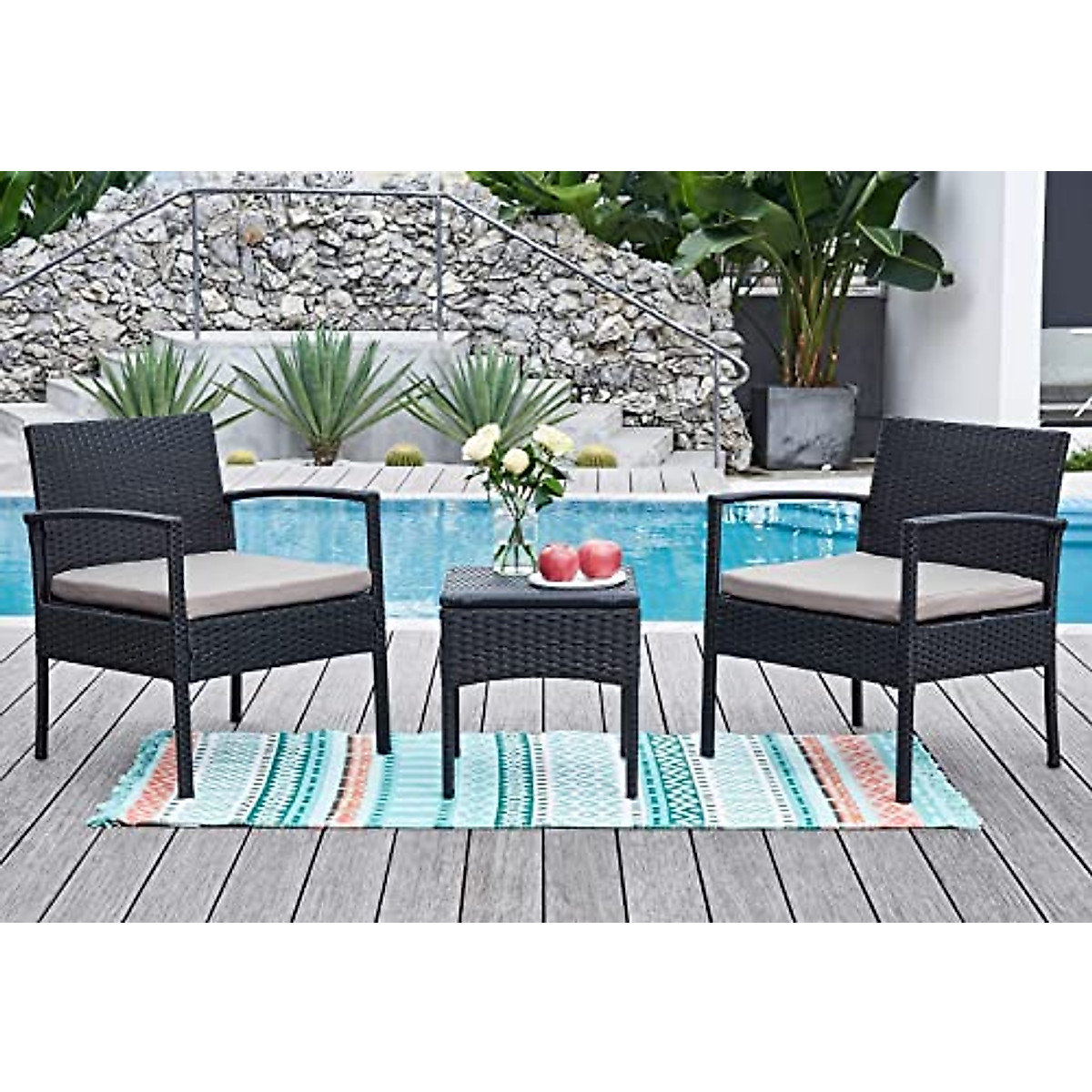 3 Piece Patio Conversation Furniture Set, Porch Furniture Rattan Bistro Sets, Patio Set Wicker Outdoor Chairs and Table Set with Coffee Table and Cushions for Yard Poolside Backyard, Brown