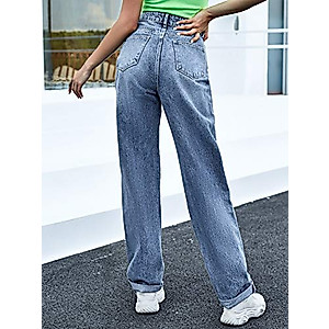 SweatyRocks Women's Casual Boyfriend Jeans High Rise Denim Pants with Pocket Blue M
