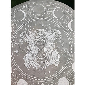CrystalsAhoy Ethically Mined 6" Etched Selenite Charging Plate, Etched with Hecate, Goddess Charging Station, Etched in Appleton, WI USA