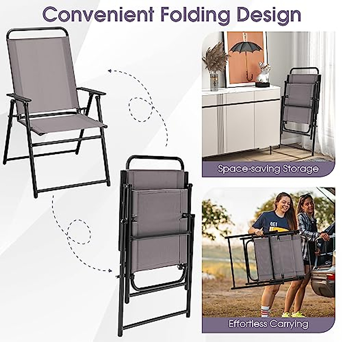 Giantex Patio Chairs Set of 4, Outdoor Folding Chairs with Armrests, Metal Frame, Outside Foldable Dining Chairs for Lawn Deck Porch Beach Yard (Gray & Black)