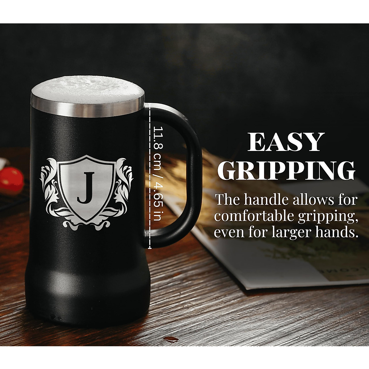 Onebttl Personalized Beer Stein, Beer Mug with Handle - Gifts for Beer Lovers, Men Who Have Everything on Birthday, Christmas - Customized Monogram 24 oz Double Wall Stainless Steel Cup, B