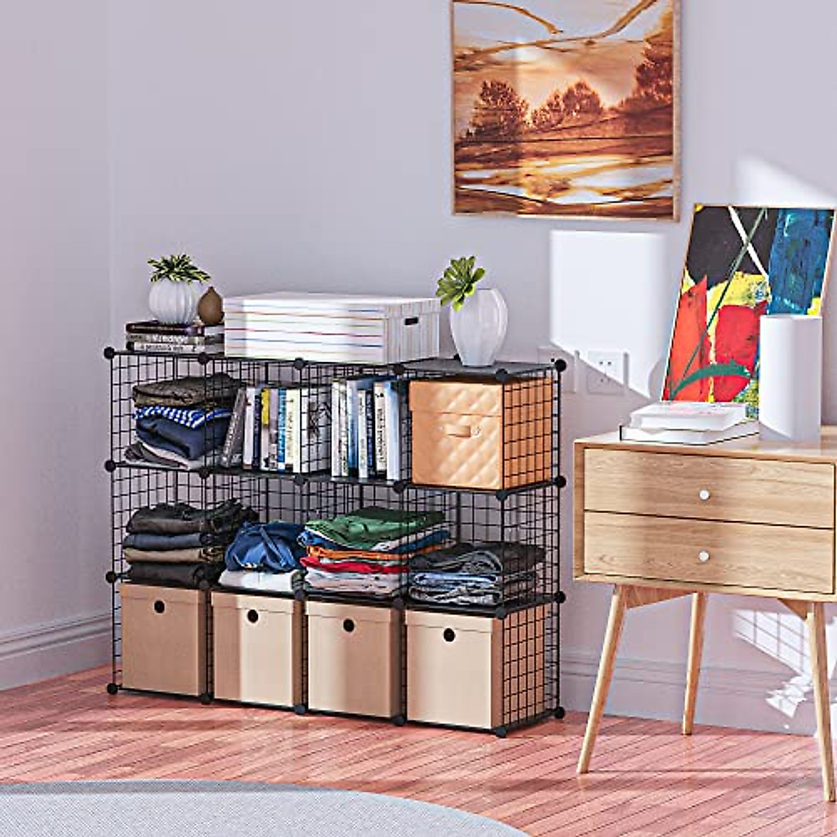 HUBSON Wire Cube Storage Organizer, 12-Cube Metal Grids Storage Shelf, Closet Cabinet, DIY Plastic Cube Bookcase Modular Closet Cabinet for Bedroom, Living Room, Office, Black