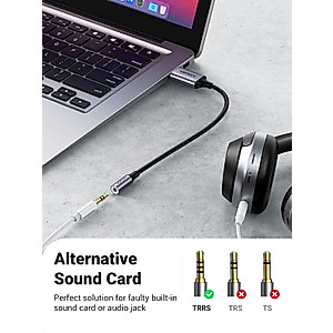 UGREEN USB to 3.5mm Jack Audio Adapter USB Sound Card Support Mic TRRS Headphone DAC 24bit 96kHz Nylon Braided USB to Aux Jack Compatible with Windows Mac Linux PC PS5 PS4 Switch Speaker, 9.8 Inch