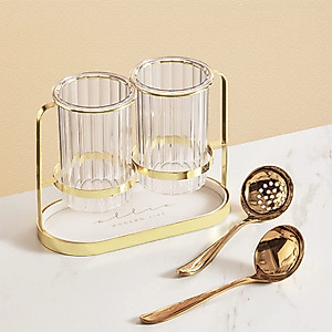 Kitchen Utensil Holder for Countertop 2 Clear White Cups with Gold Iron Frame Cooking Utensil Crock Chic Modern Cutlery Caddy Practical Utensil Pot for Counter for Fork Spoon Knife Flatware Silverware