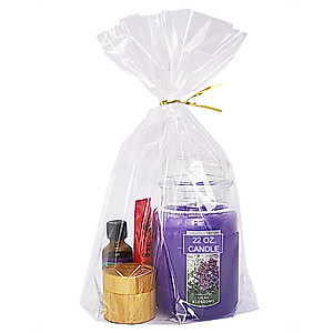 Wowfit 50 CT 12x16 inches Clear Bottom Gusset Cellophane Gift Bags with 6" Gold Twist Ties, Cello Packaging for Party Favors, Baby Showers, and Wedding Gift Wrapping