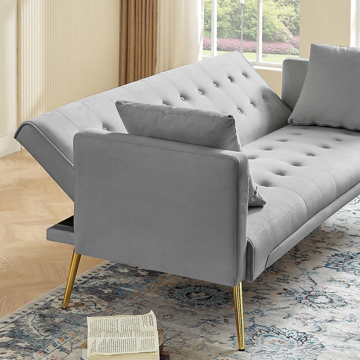 Anwick Modern Velvet Futon Sofa Bed: 72" Satin Convertible 2 Pillows Tufted Back Golden Metal Legs Folding Sleeper Loveseat for Small Space Home Office Living Room (Grey)