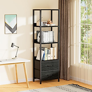 Furnulem 4-Tier Corner Shelf, Bookshelf with 2 Storage Drawers, 57.28”Tall Narrow Bookcase, Standing Shelf Organizer Unit for Living Room, Bedroom, Metal Frame, Wood Display Shelf