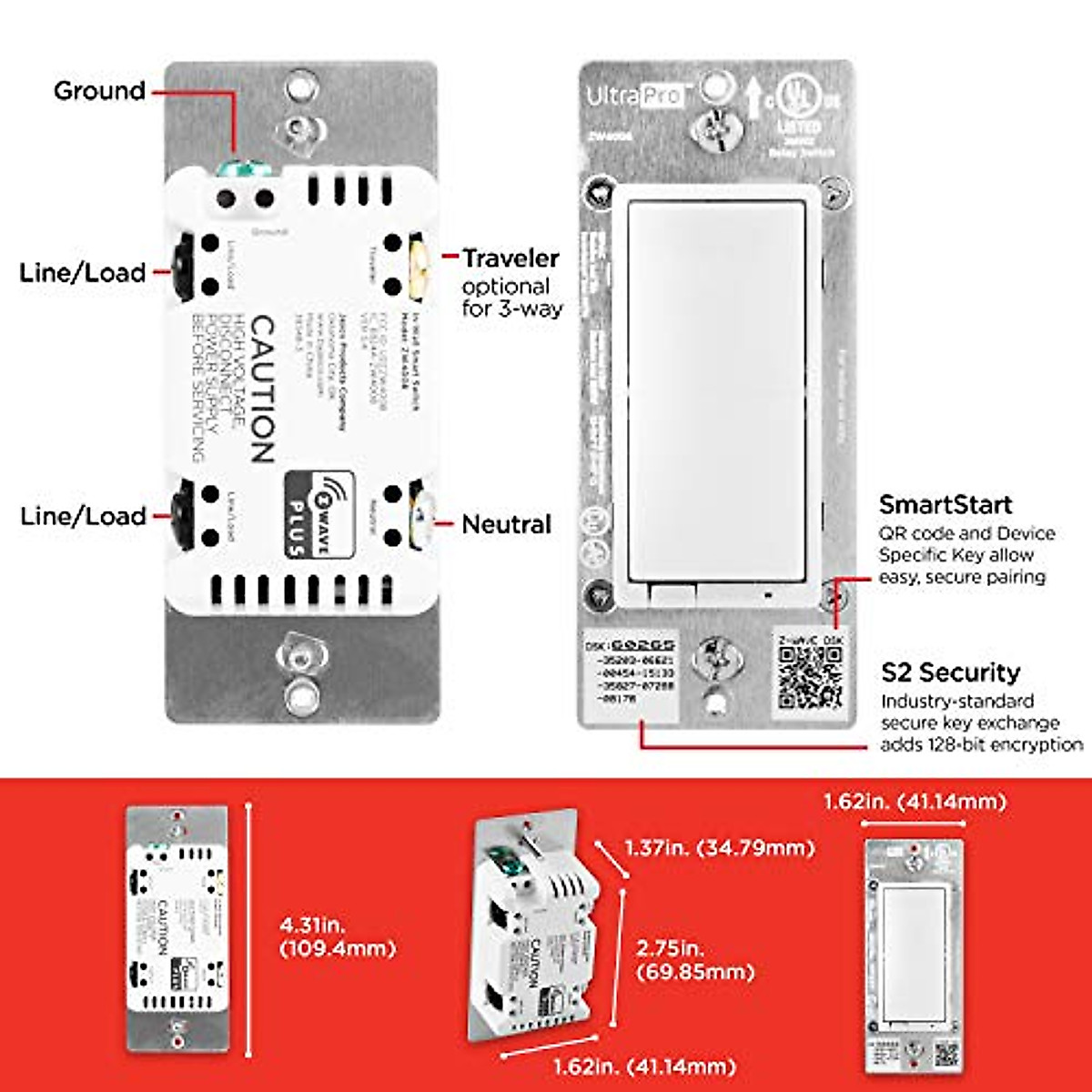 UltraPro Z-Wave Smart Rocker Light Switch with QuickFit and SimpleWire, 3-Way Ready, Compatible with Alexa, Google Assistant, ZWave Hub Required, Repeater/Range Extender, White Paddle Only, 39348