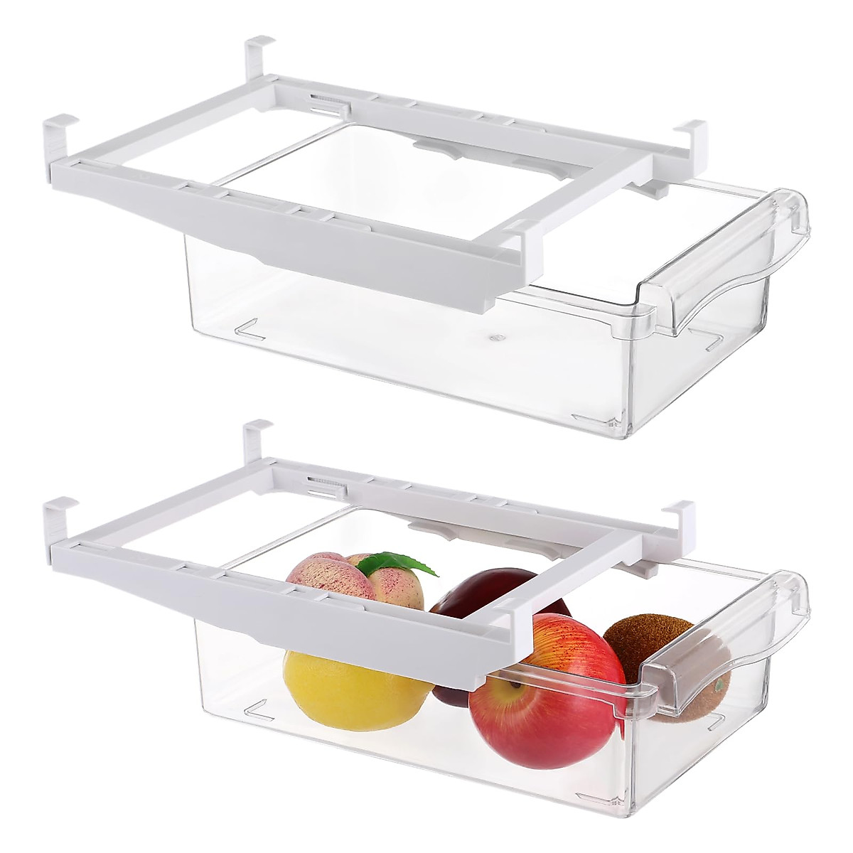 2 Pack Fridge Drawer Organizers - Adjustable Refrigerator Drawers for Fruit, Vegetable, Seafood, Transparent Pull-Out Shelf Holders, Fridge Storage Containers Fit Fridge Shelves Under 0.6''
