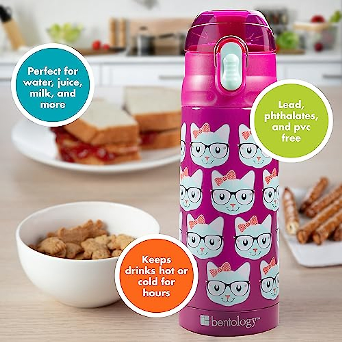 Bentology Stainless Steel 13 oz Kitty Insulated Water Bottle for Girls- Easy to Use for Kids - Reusable Spill Proof BPA-Free, Fits in Most Lunch Boxes & Bags, Use for Summer Camp, Back to School