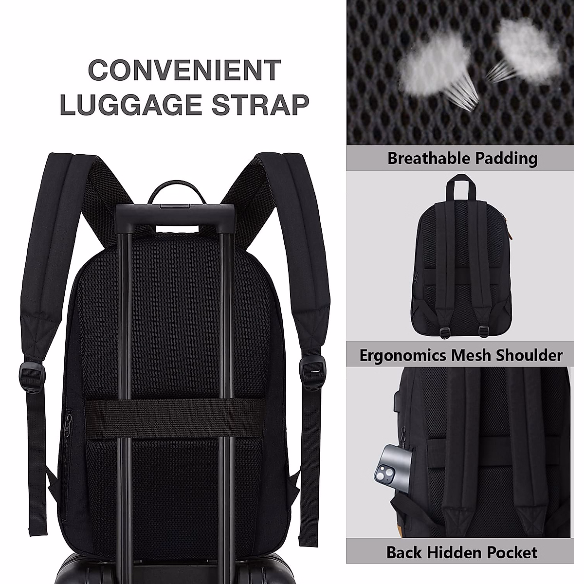 SUPACOOL Lightweight Laptop Backpack with USB Charging Port for Men and Women, Double Layers Backpack for College, Work, Travel, Casual(Black and brown)