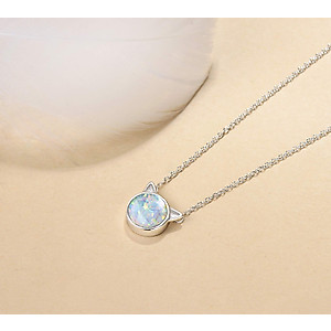 FANCIME Sterling Silver Cat Necklace White Created Opal Cat Pendant Cute Necklace Small Animal Jewerly For Women 18"