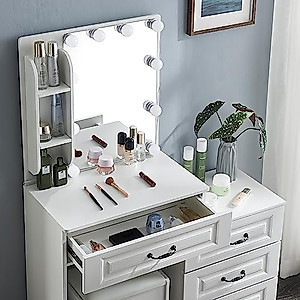 JBLCC Makeup Vanity Table with Lighted Mirror,Makeup Vanity with Power Outlet and Drawers, Storage Shelves, Vanity Desk for Woman Girls, White (5951USB)