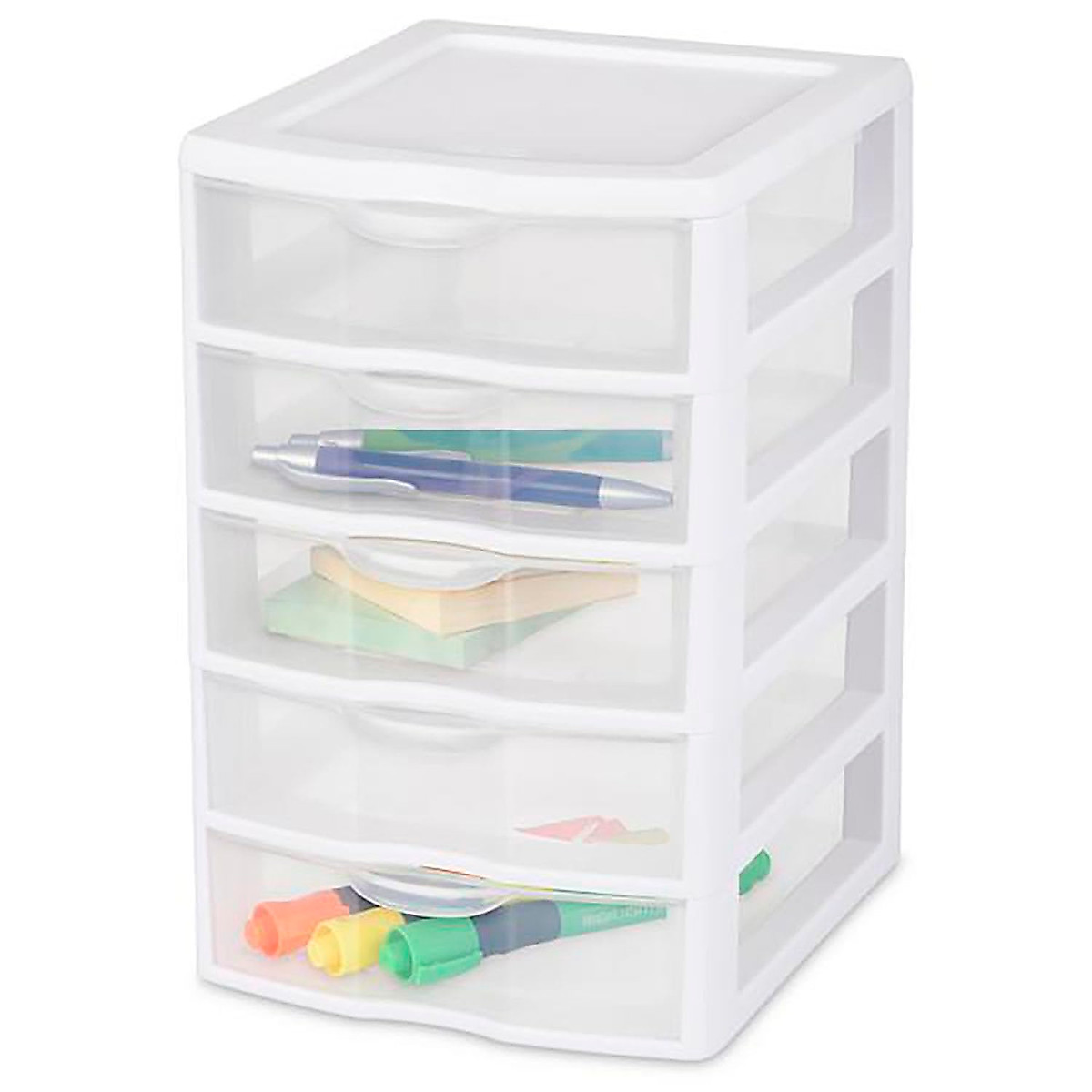 5 Unit Plastic Shelves Drawer Organizer Shelving Storage Set Solution Stackable With Clear Drawer Handles for Home Office School Kids Cabinets Dresser Makeup Accessory Utility Tool -White/Clear (2)