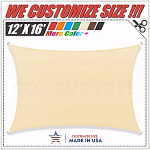 ColourTree 12' x 16' Beige Rectangle Sun Shade Sail Canopy Awning Shelter Fabric Cloth Screen - UV Block UV Resistant Heavy Duty Commercial Grade - Outdoor Patio Carport - (We Make Custom Size)