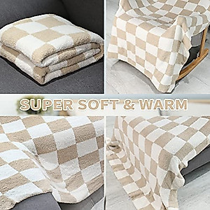 QQP Checkered Throw Blanket,Soft Cozy Microfiber Reversible Checkerboard Fluffy Throw Blanket,50X60In Blanket for Home Bed Couch.（Camel&White）