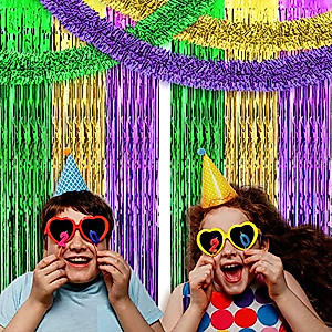 5 Pieces Mardi Gras Party Decoration Metallic Tinsel Foil Fringe Curtains Garland Photo Booth Props Table Skirt Background Backdrop Door Wall for Carnival Bunting Party Decoration Supplies