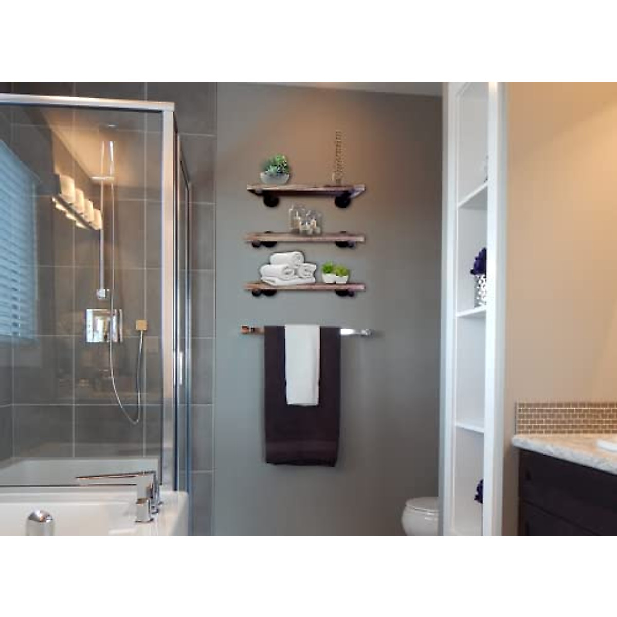 Ty Creations Floating Shelves with Industrial Pipe Brackets Home, Set of 3, Rustic Wall Mounted Wood Shelving Storage Home Decor for Bathroom, Kitchen, Bedroom, Living Room, Office